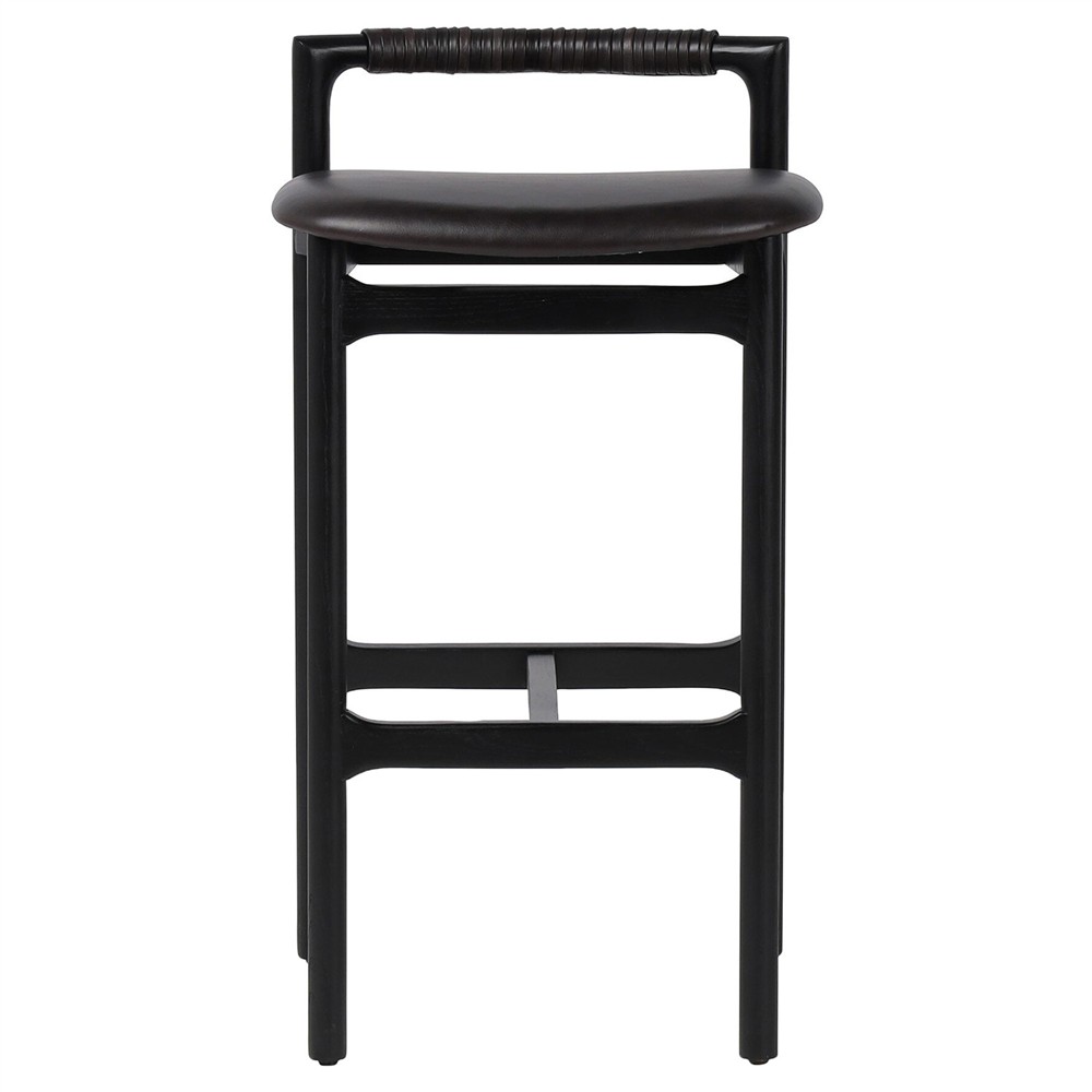 Blaise Rustic Lodge Black Leather Wood Bar Stool | Kathy Kuo Home