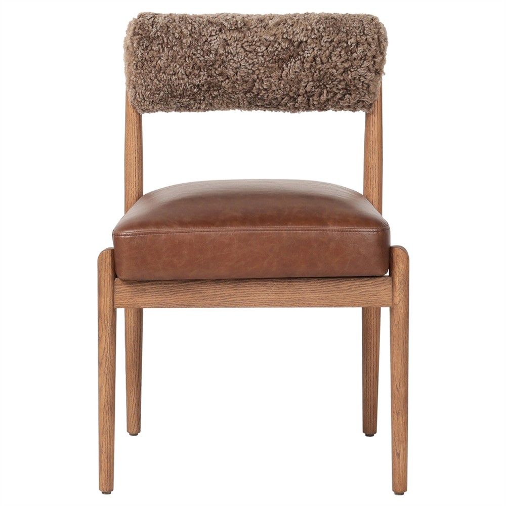 Aven Modern Classic Brown Leather Shearling Oak Dining Chair