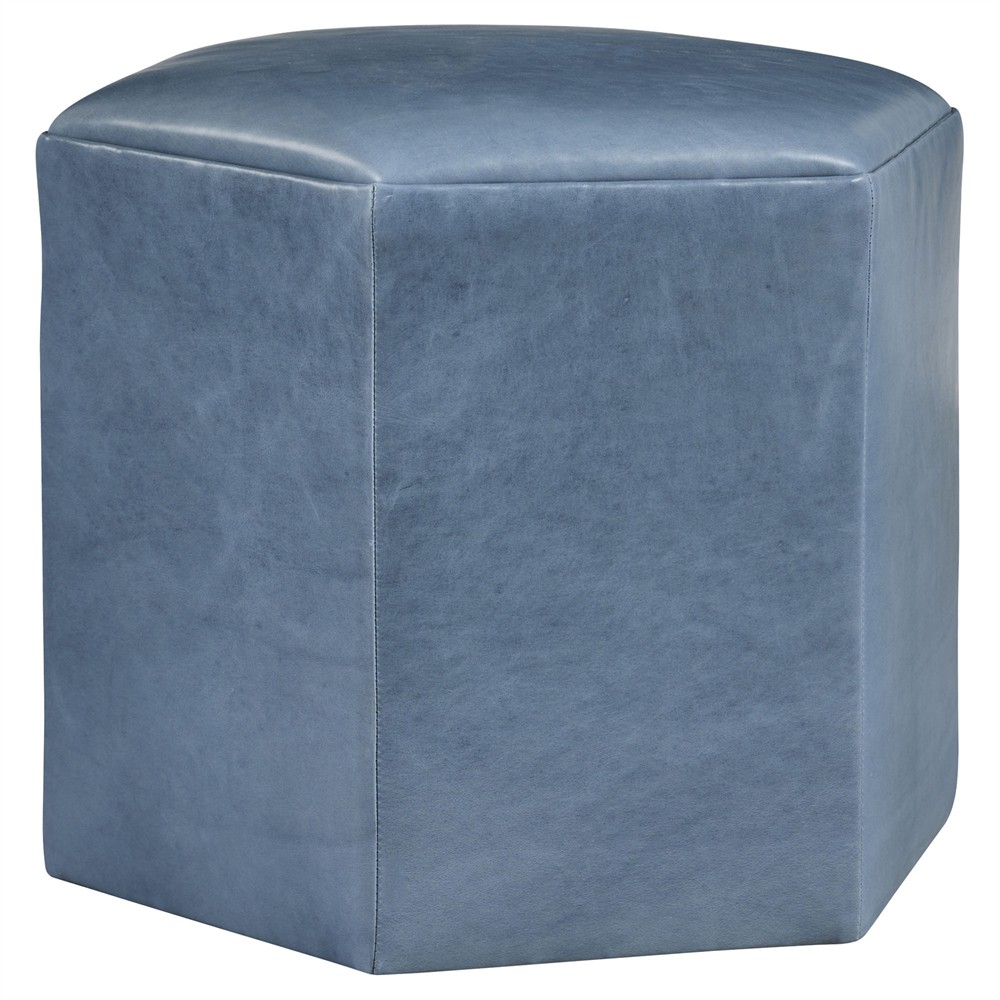 Hannah Modern Classic Denim Blue Leather Hexagonal Ottoman | Kathy Kuo Home