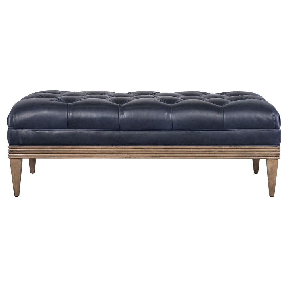 Meredith Updated Traditional Navy Blue Leather Brown Wood Tufted ...