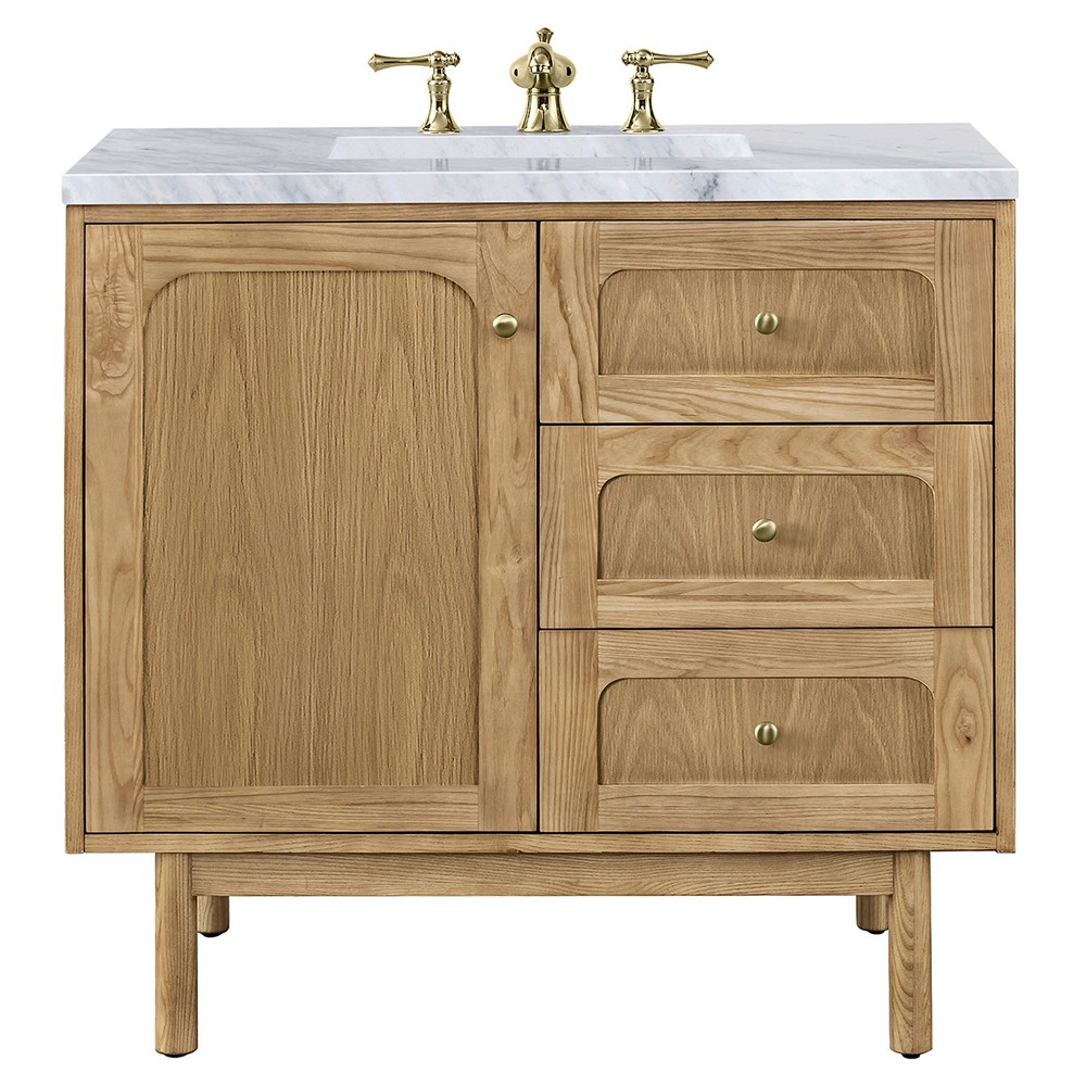 Eireen Modern Classic White Carrara Marble Natural Wood Vanity Sink ...