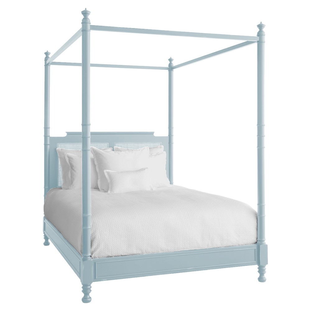 Zoey French Country Light Blue Wood Woven Cane Four Poster Bed - Queen