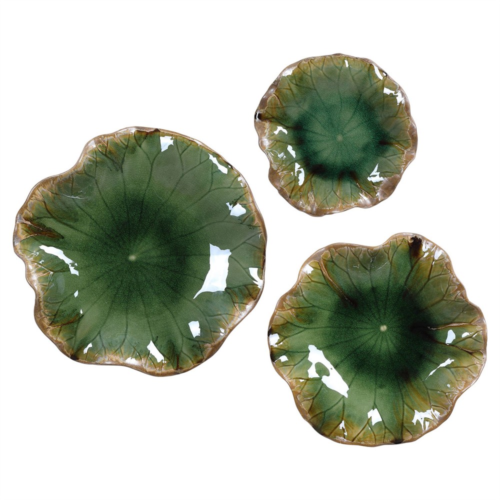 Calluna Coastal Green Glazed Ceramic Floral Wall Decor - Set of 3 Small ...