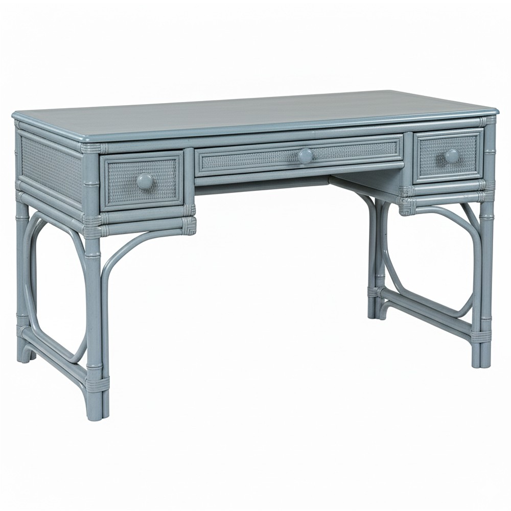 Elliana Coastal Beach Blue Rattan Desk | Kathy Kuo Home