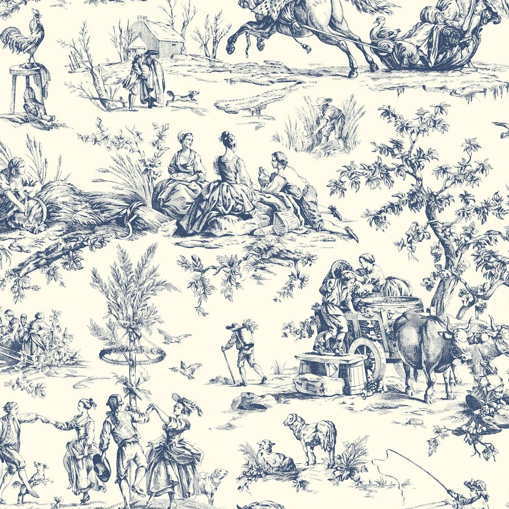 Clover Traditional Blue Toile Wallpaper | Kathy Kuo Home
