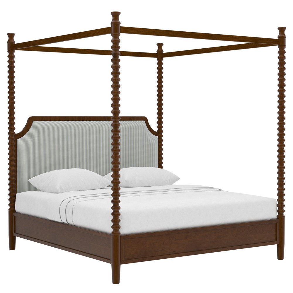 Theodora French Green Striped Brown Wood Canopy Spindle Bed - King King ...