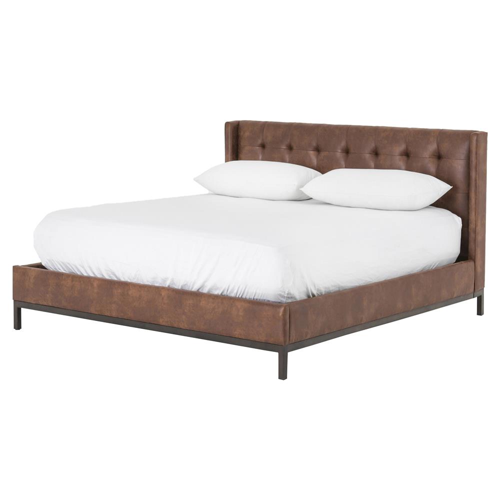 Nyla Modern Tufted Brown Faux Leather Low Headboard Platform Bed - Queen Queen | Kathy Kuo Home
