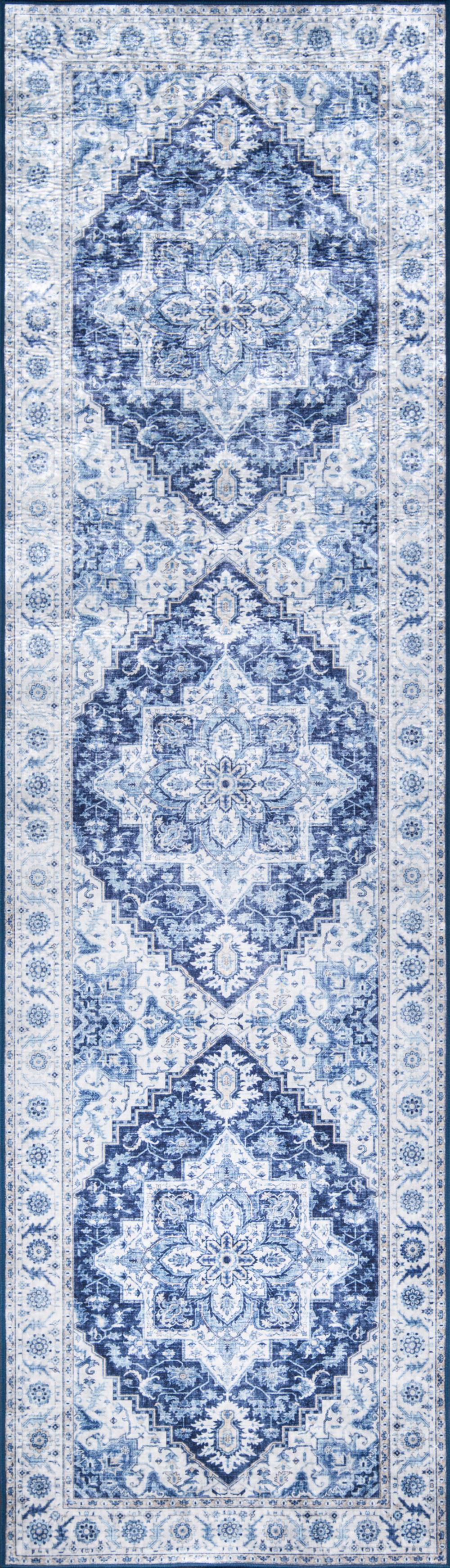 Coen French Country Navy Blue Medallion Patterned Rug - 2'3"x8'